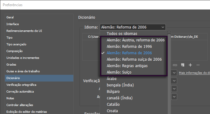 Dicionários de verificação ortográfica e de idiomas no InDesign