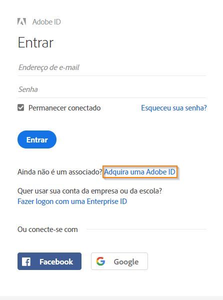 Criar ou atualizar sua Adobe ID