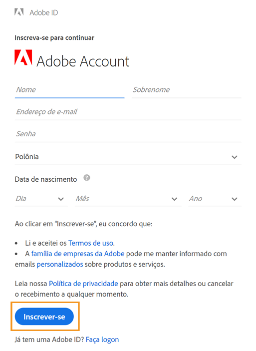 Criar ou atualizar sua Adobe ID