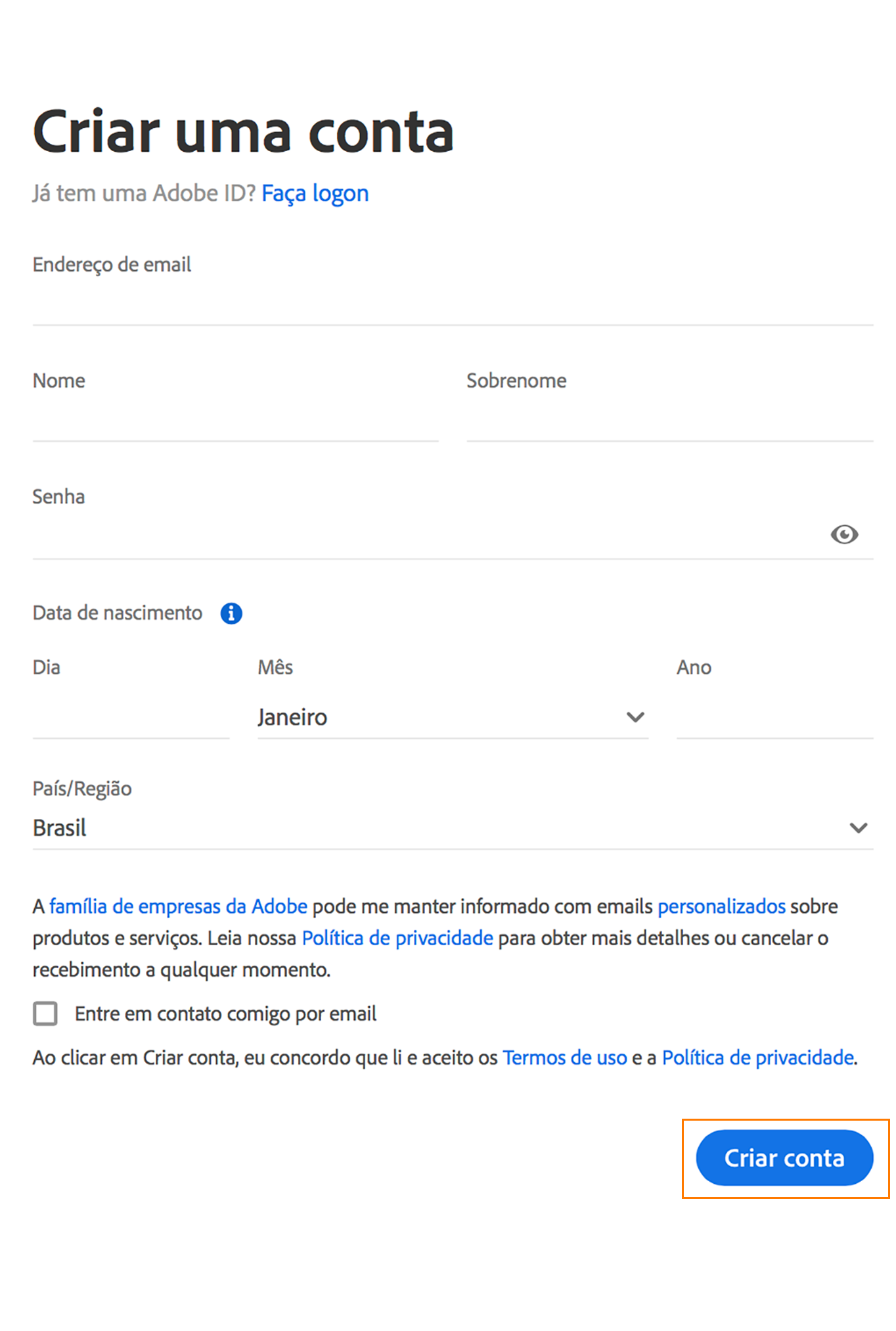 Criar ou atualizar sua Adobe ID