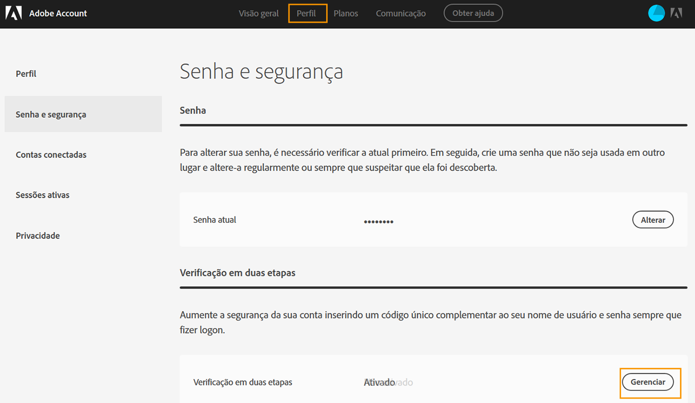 Manter sua conta da Adobe segura
