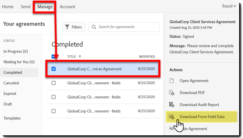 Exportar os dados de campo de um contrato individual