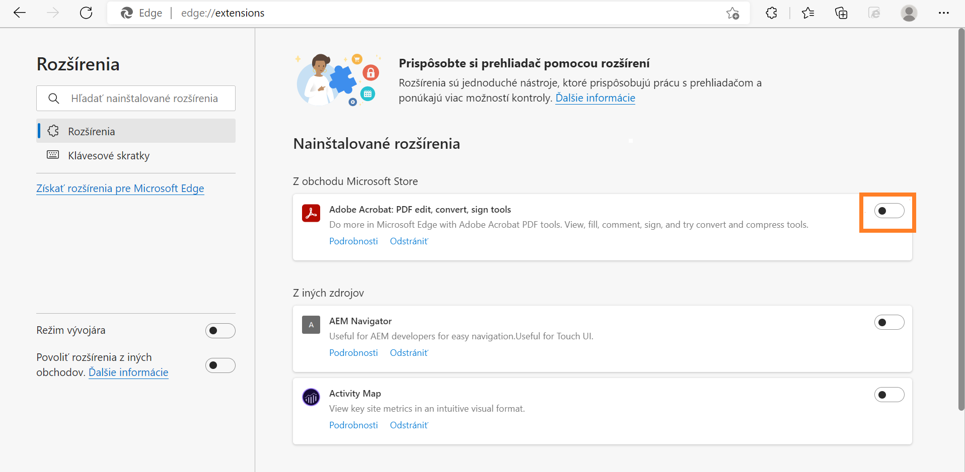 Povolenie rozšírenia Adobe Acrobat pre Microsoft Edge
