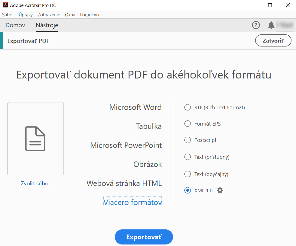 Možnosti formátu súborov pre export dokumentu PDF, Adobe Acrobat