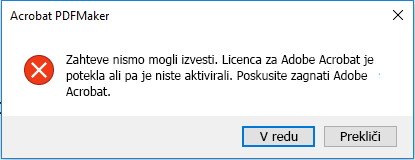 Licenca za Adobe Acrobat je potekla ali ni bila aktivirana