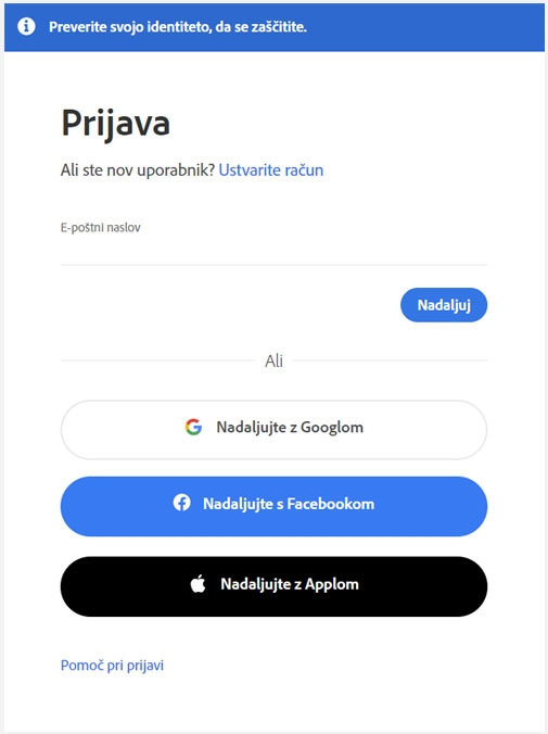 Zagotovite si dostop do računa Adobe
