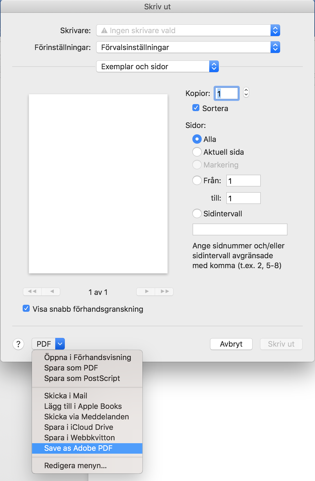 Det gick inte att spara som Adobe PDF | macOS Mojave 10.14