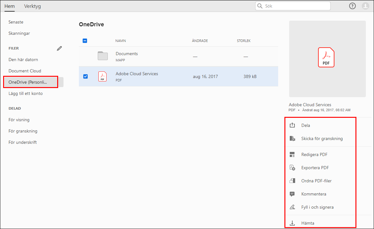 Åtkomst till dina OneDrive-filer i Acrobat/Reader