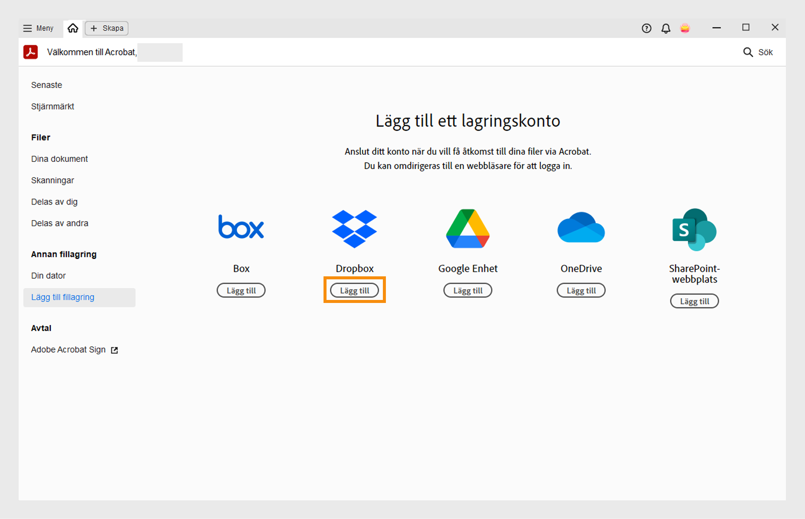 Åtkomst till dina Dropbox-filer i Acrobat/Reader