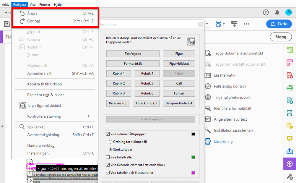 Verktyget Läsordning för PDF-filer (Adobe Acrobat Pro)