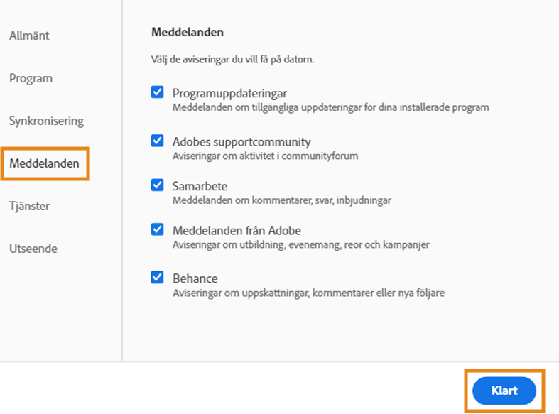 Anpassa aviseringar i Creative Cloud-datorprogrammet