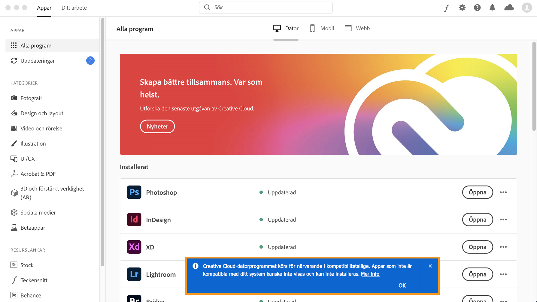 Alla program visas inte för hämtning | Creative Cloud-datorprogram