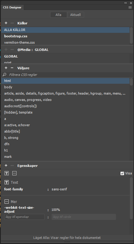 Använda CSS Designer-panelen i Dreamweaver