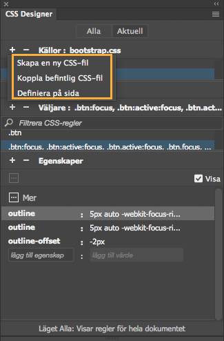 Använda CSS Designer-panelen i Dreamweaver