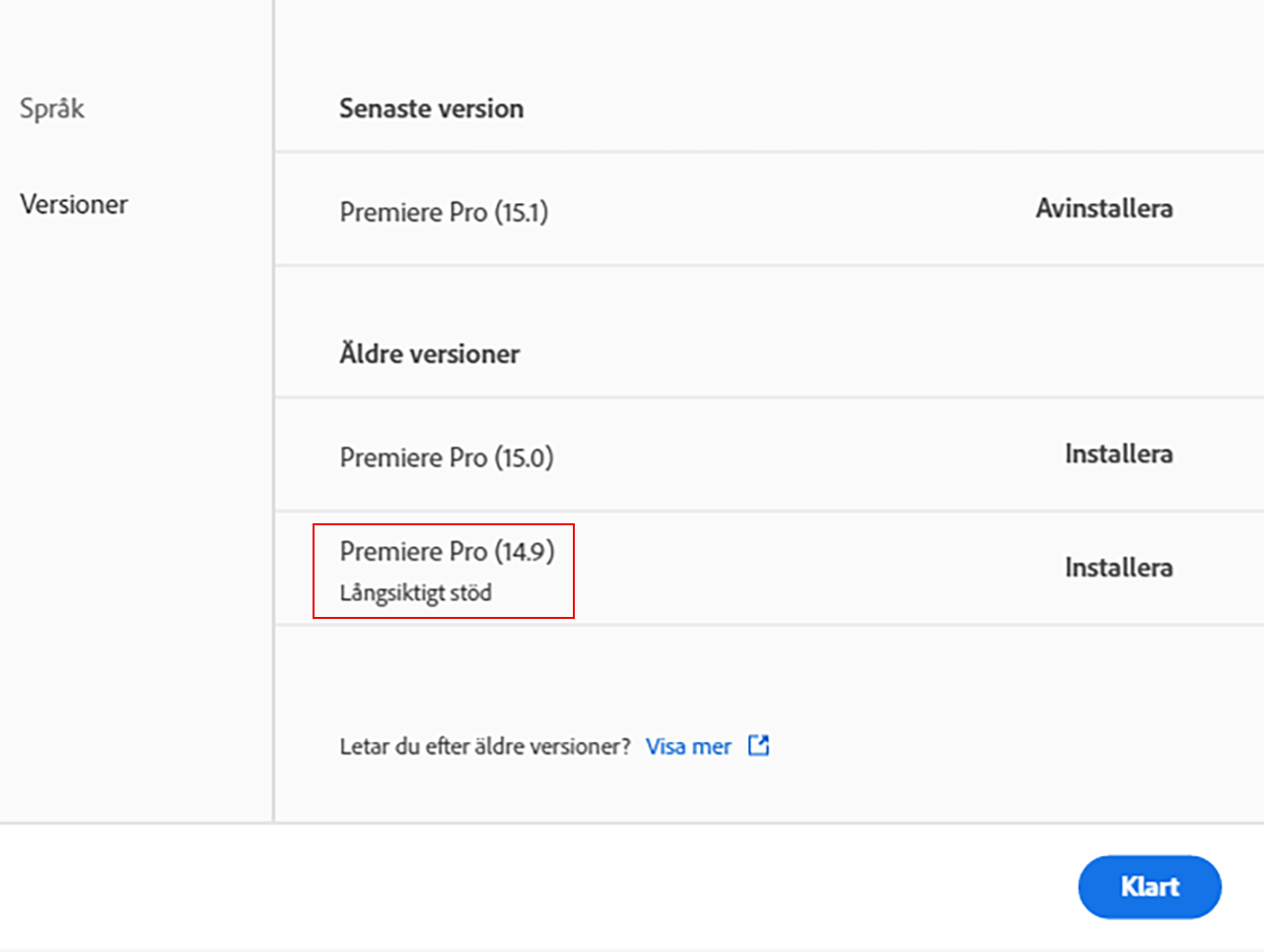 Versionsinformation om Creative Cloud-datorprogrammet för team och företag
