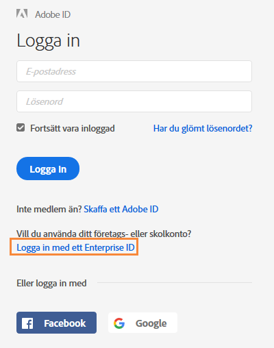 Enterprise ID, inloggning och kontohjälp