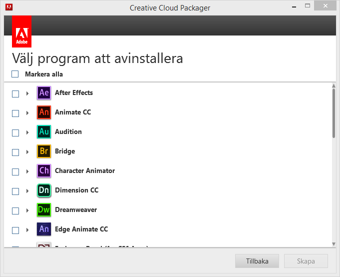 Avinstallera Creative Cloud-produkter