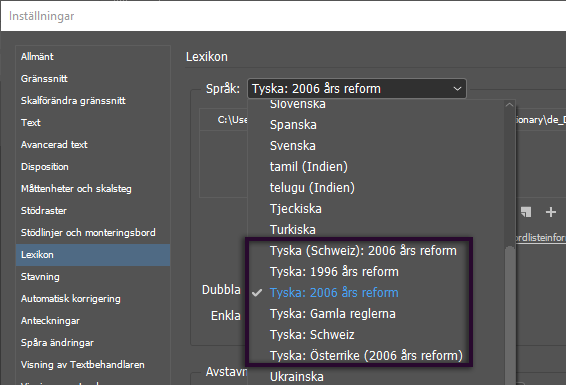 Stavningskontroll och språklexikon i InDesign