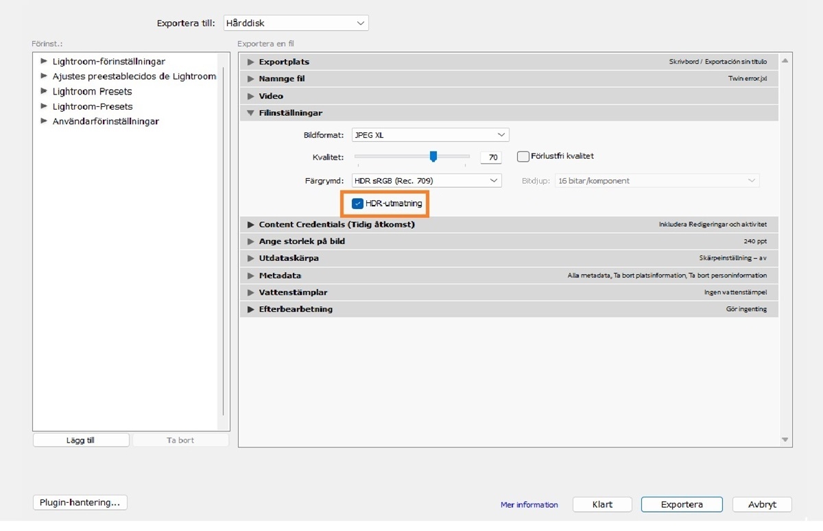 Exportera foton från Photoshop Lightroom Classic