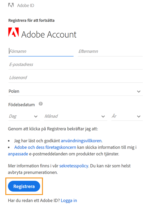 Skapa eller uppdatera ett Adobe ID