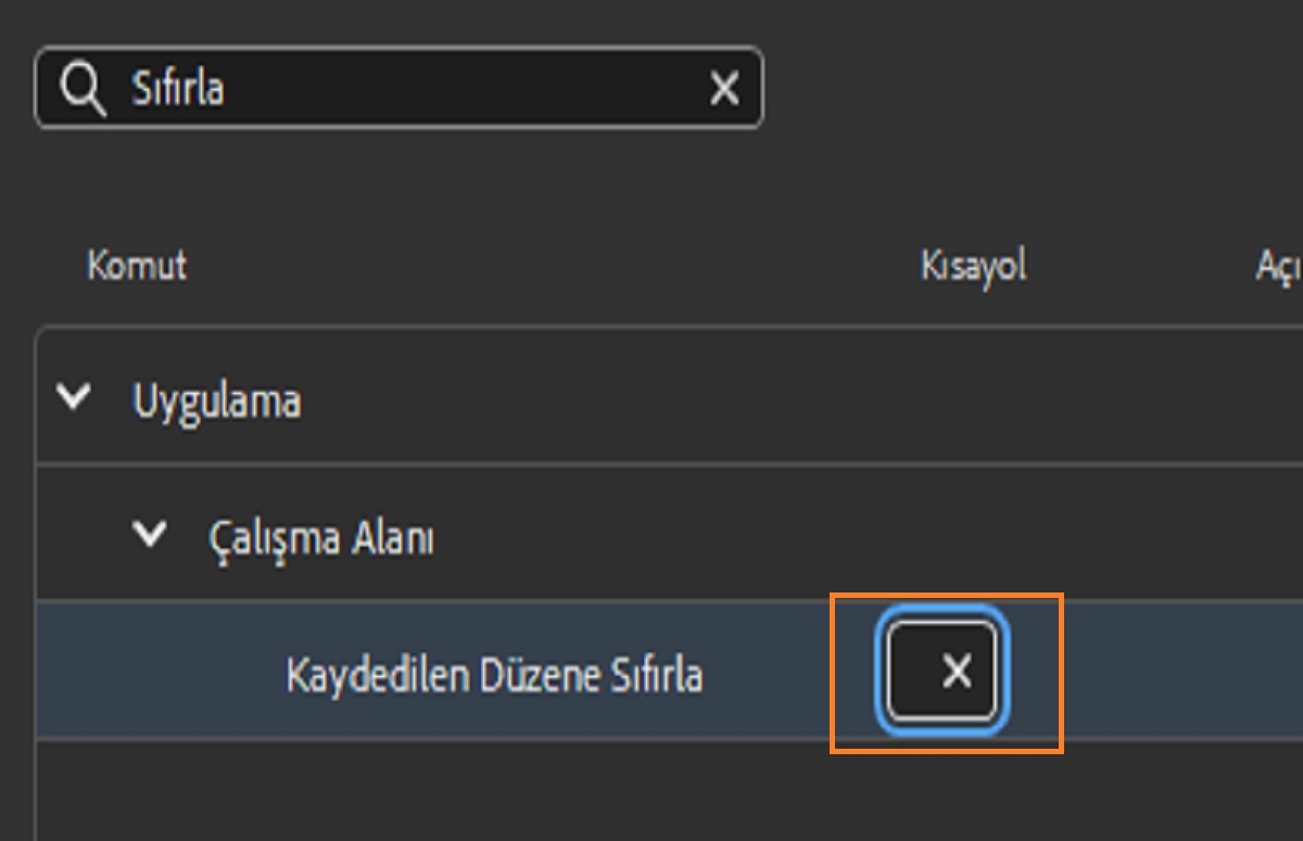 Adobe Bridge'deki Klavye Kısayolları paneli