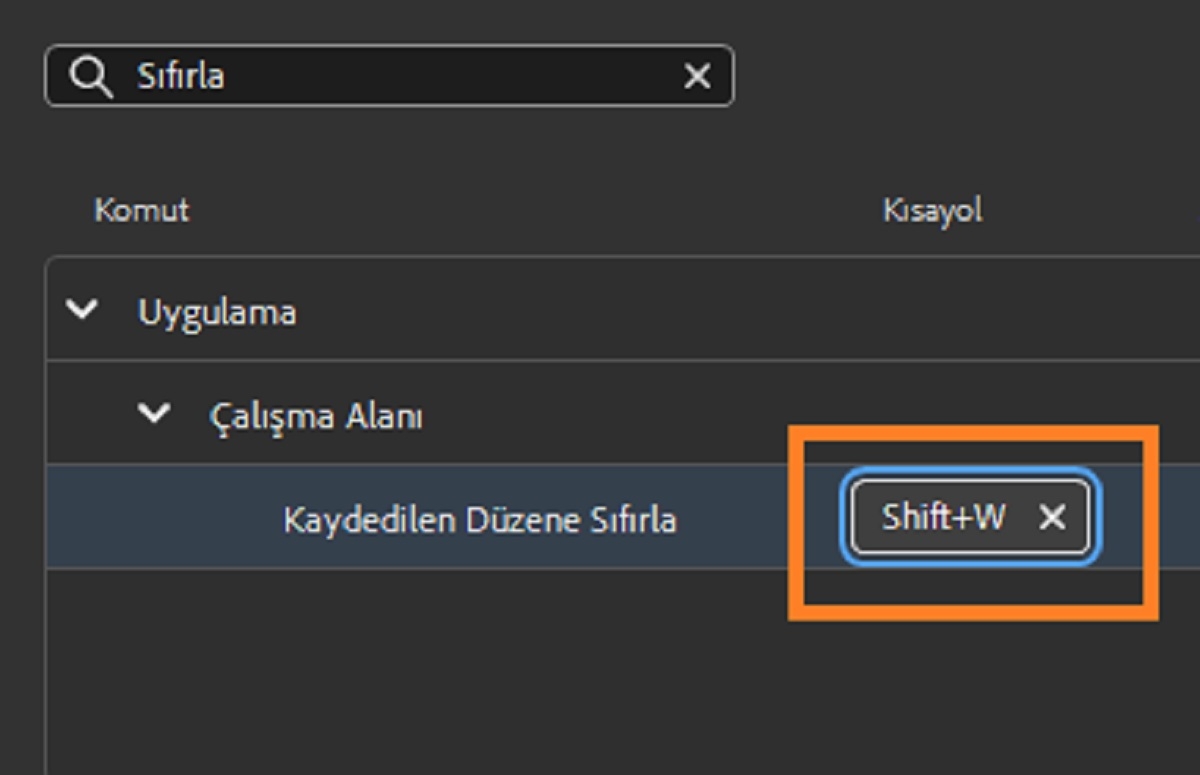 Adobe Bridge'deki Klavye Kısayolları paneli