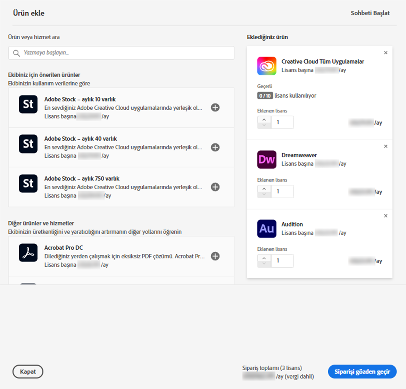 Ürün ve lisans ekleme