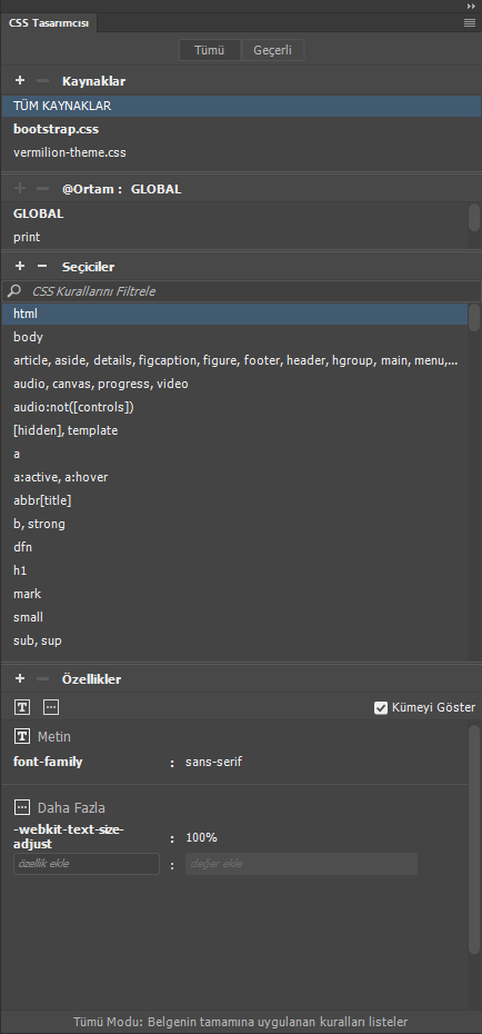 Dreamweaver uygulamasında CSS Tasarımcısı panelini kullanma