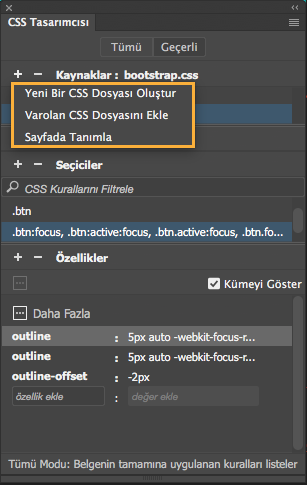 Dreamweaver uygulamasında CSS Tasarımcısı panelini kullanma