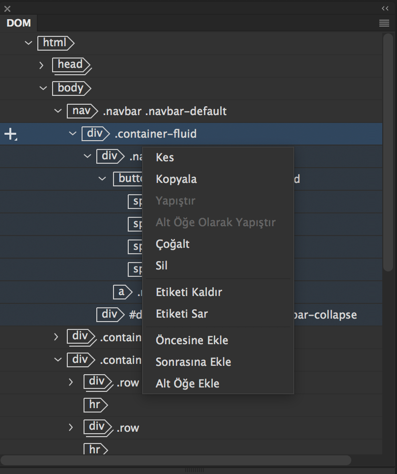 Dreamweaver uygulamasında DOM panelini kullanma