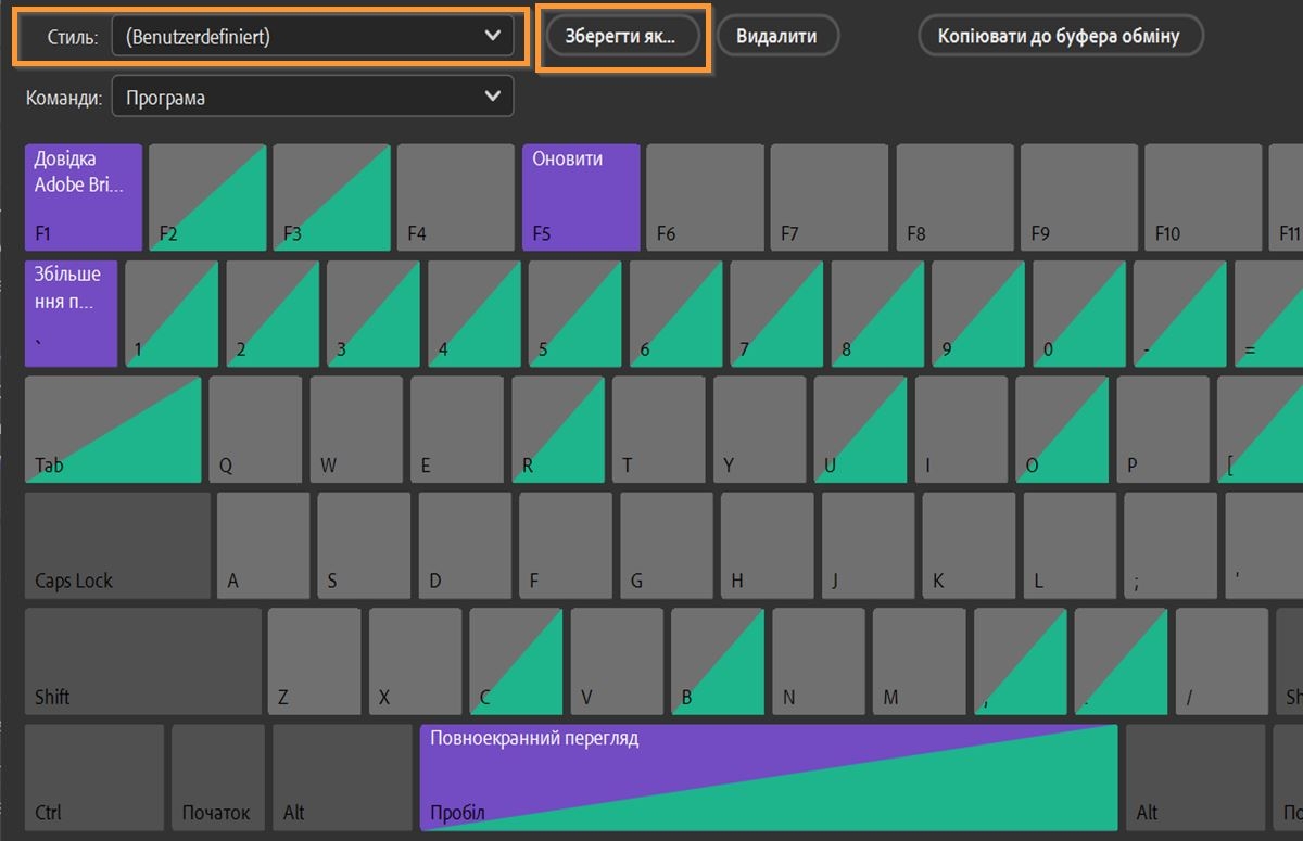 Панель «Комбінації клавіш» у Adobe Bridge