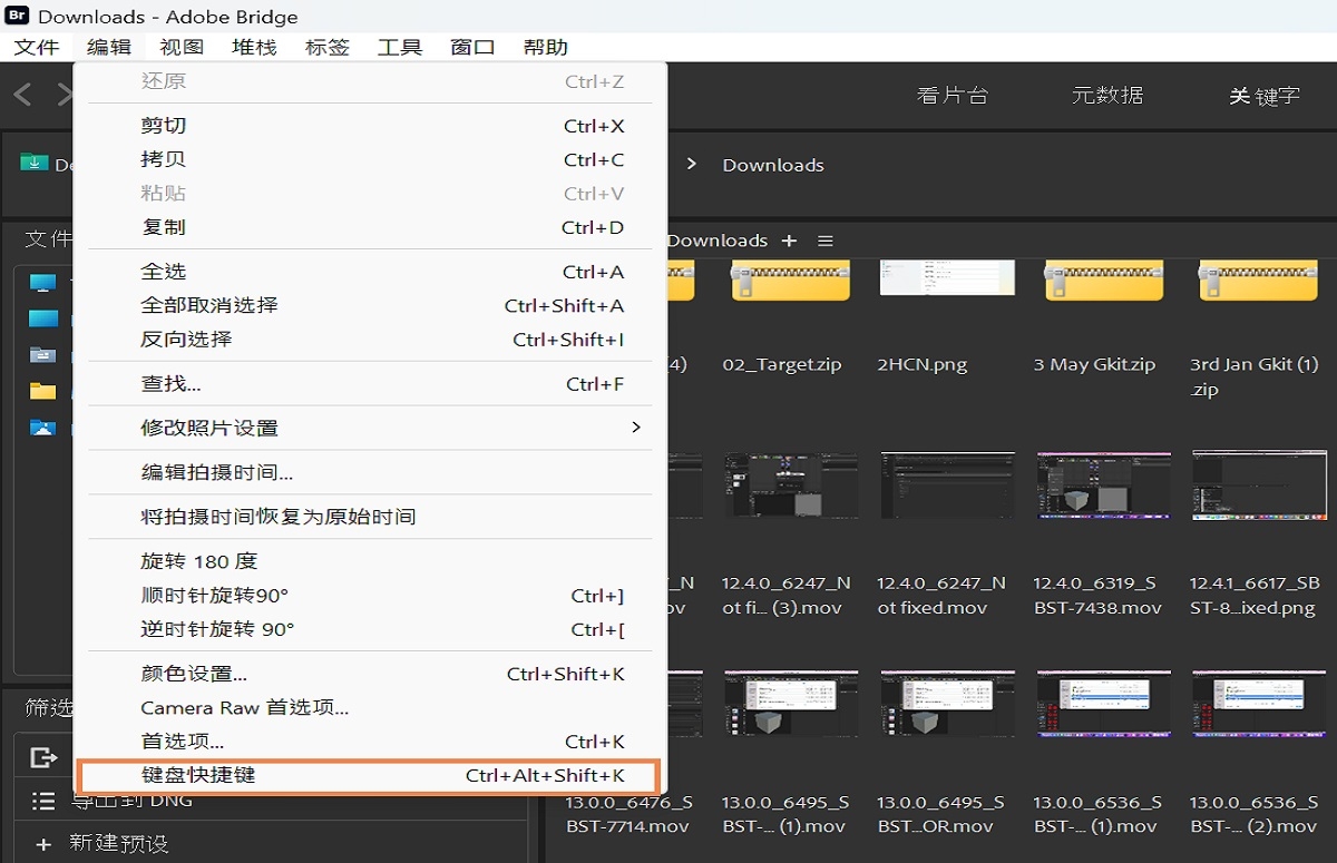 Adobe Bridge 中的“键盘快捷键”面板