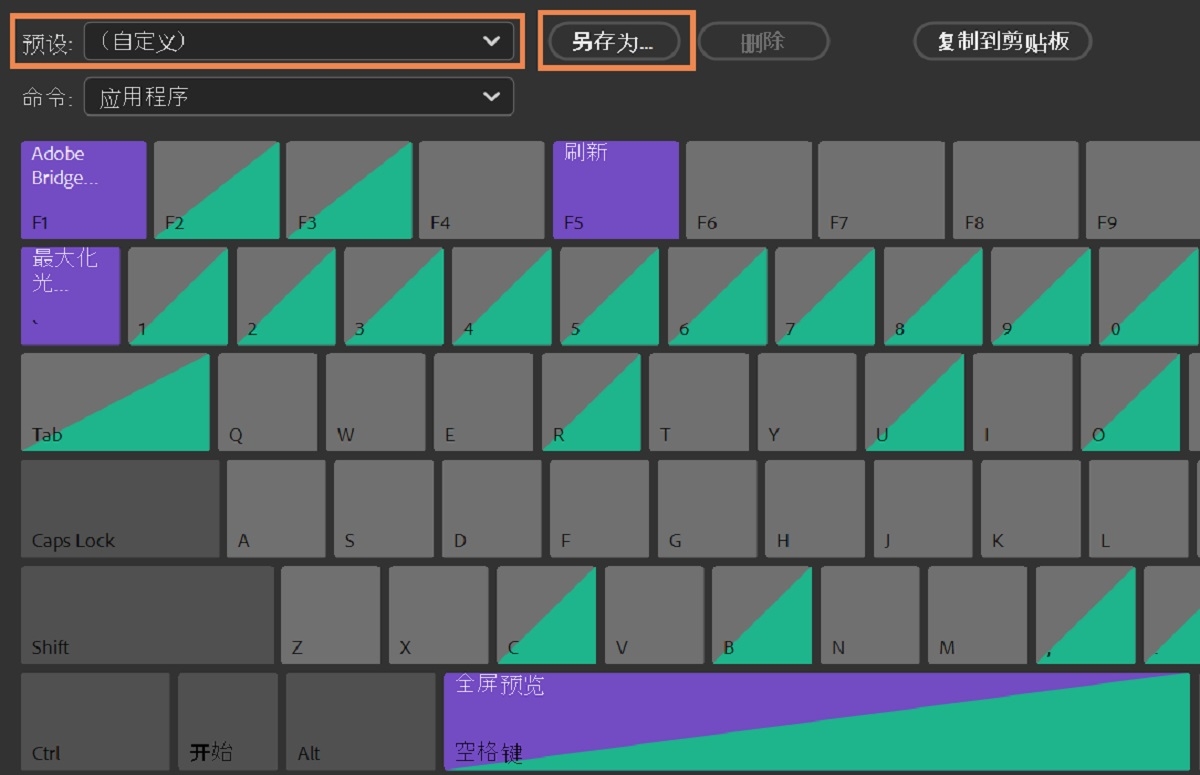 Adobe Bridge 中的“键盘快捷键”面板
