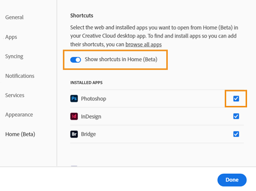 了解您的 Creative Cloud 桌面应用程序主屏幕
