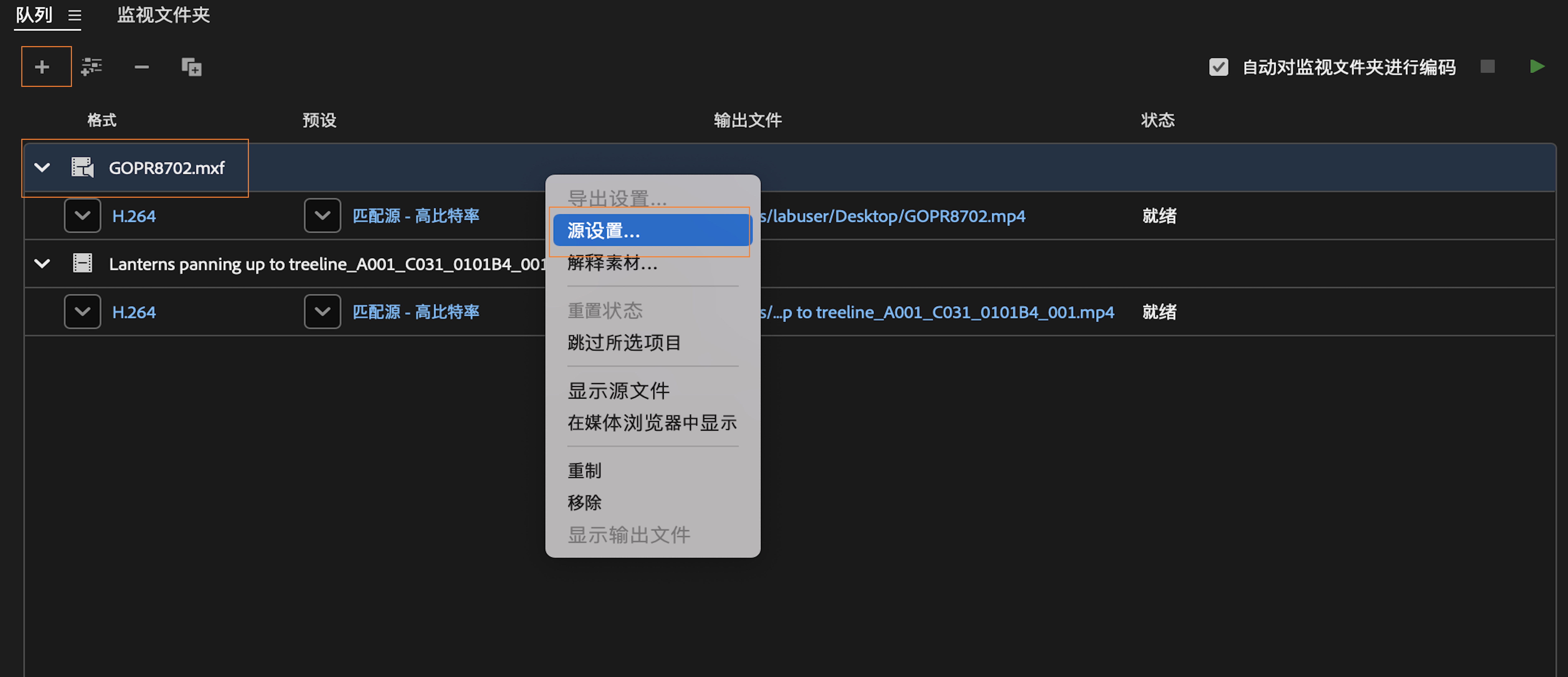Media Encoder 中的源设置